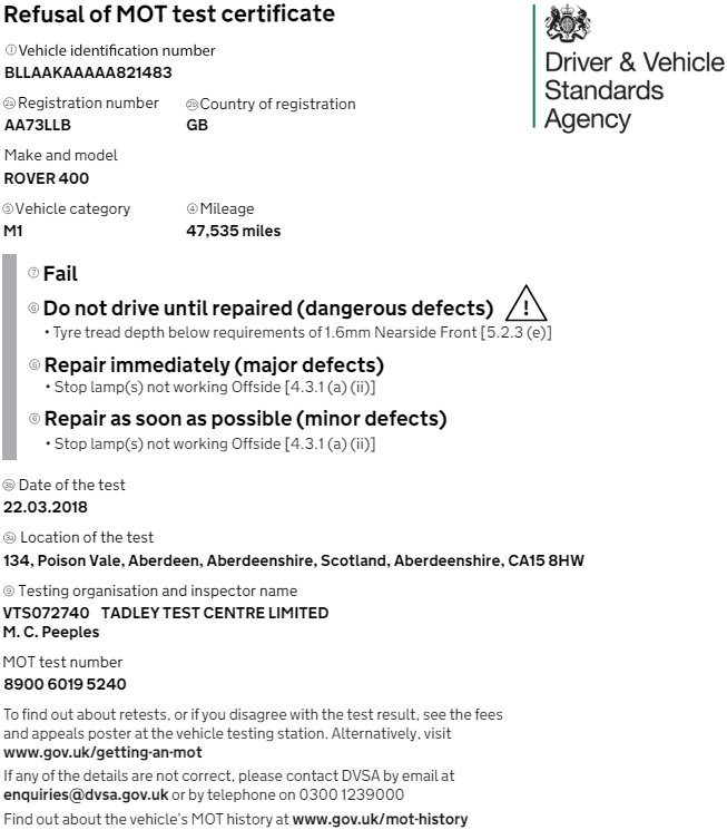 Failed MOT Certificate - Auto Fit